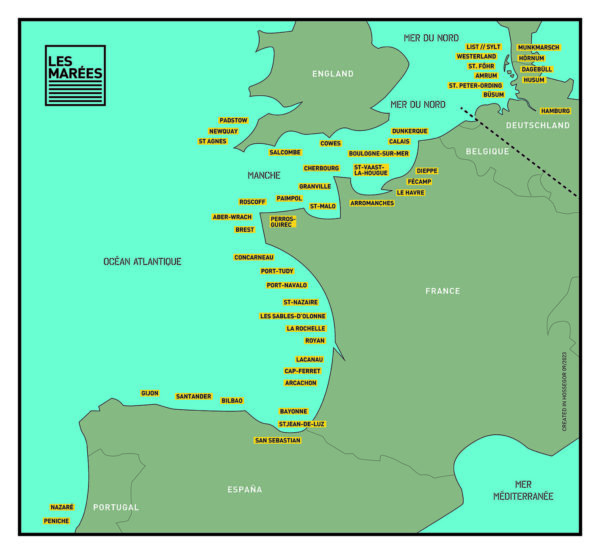 Carte des zones de marées disponibles dans notre catalogue
